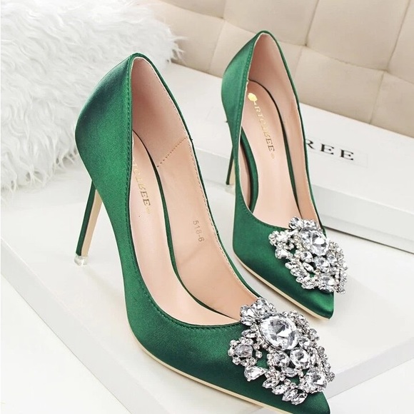 Shoes | Emerald Green Satin Rhinestone Pumps | Poshmark